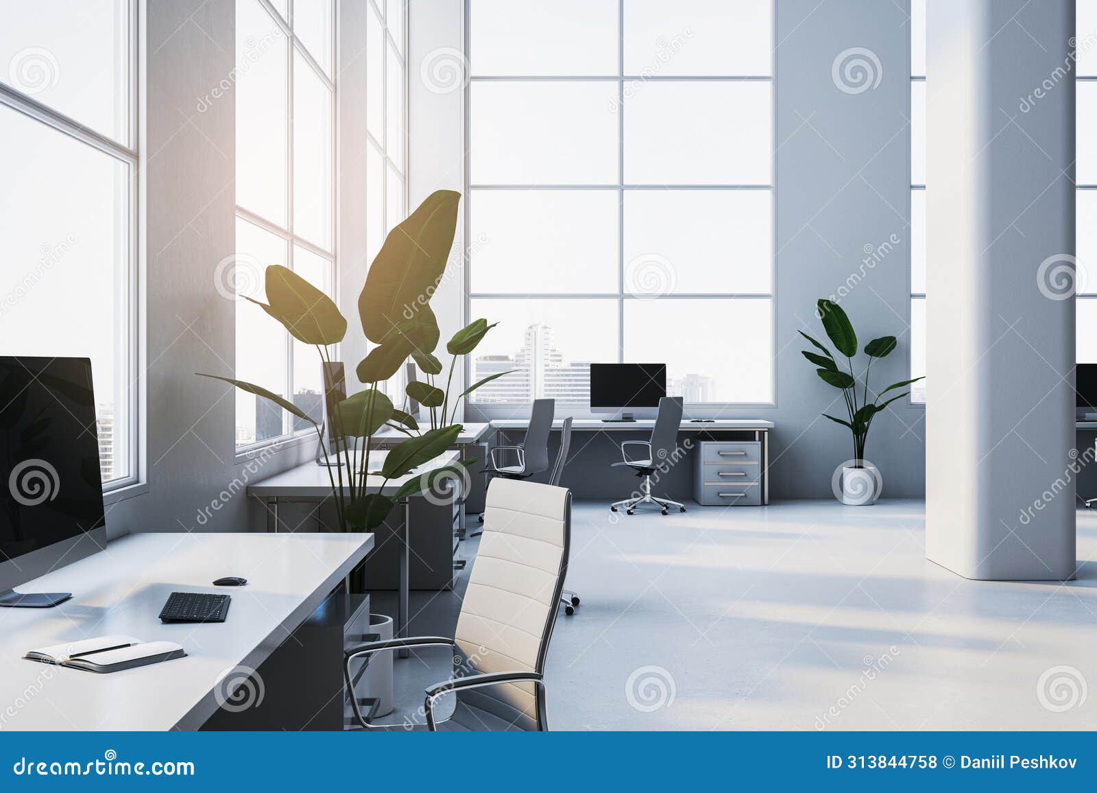 Modern Spacious Light Coworking Office Interior with Panoramic Windows ...