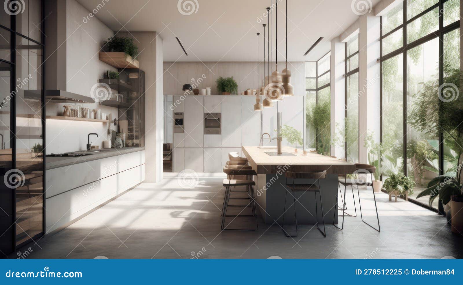 Modern Spacious Minimalistic Kitchen with Loft Elements with Large ...