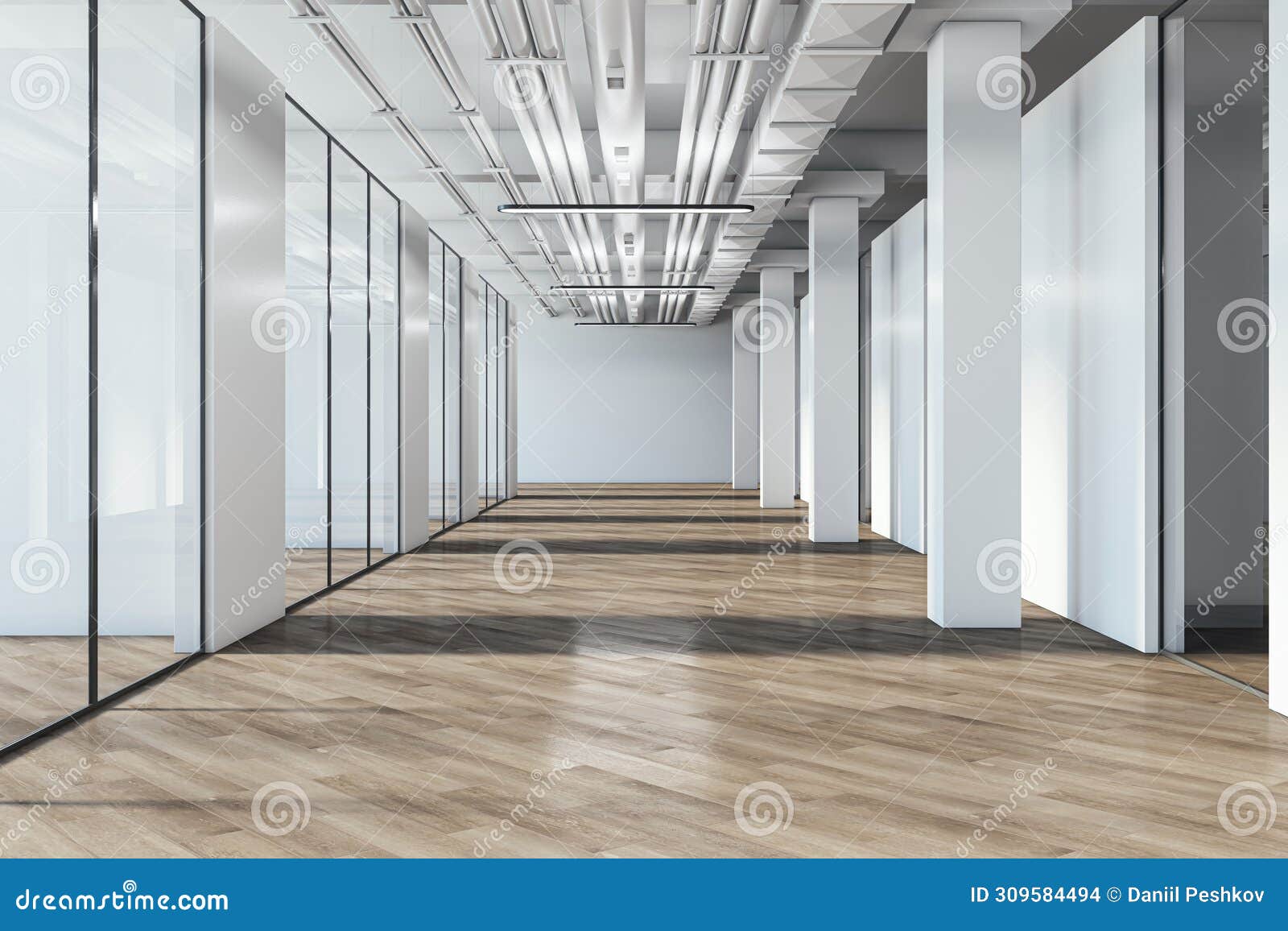 Modern Spacious Office Hallway Interior with Wooden Flooring. Stock ...