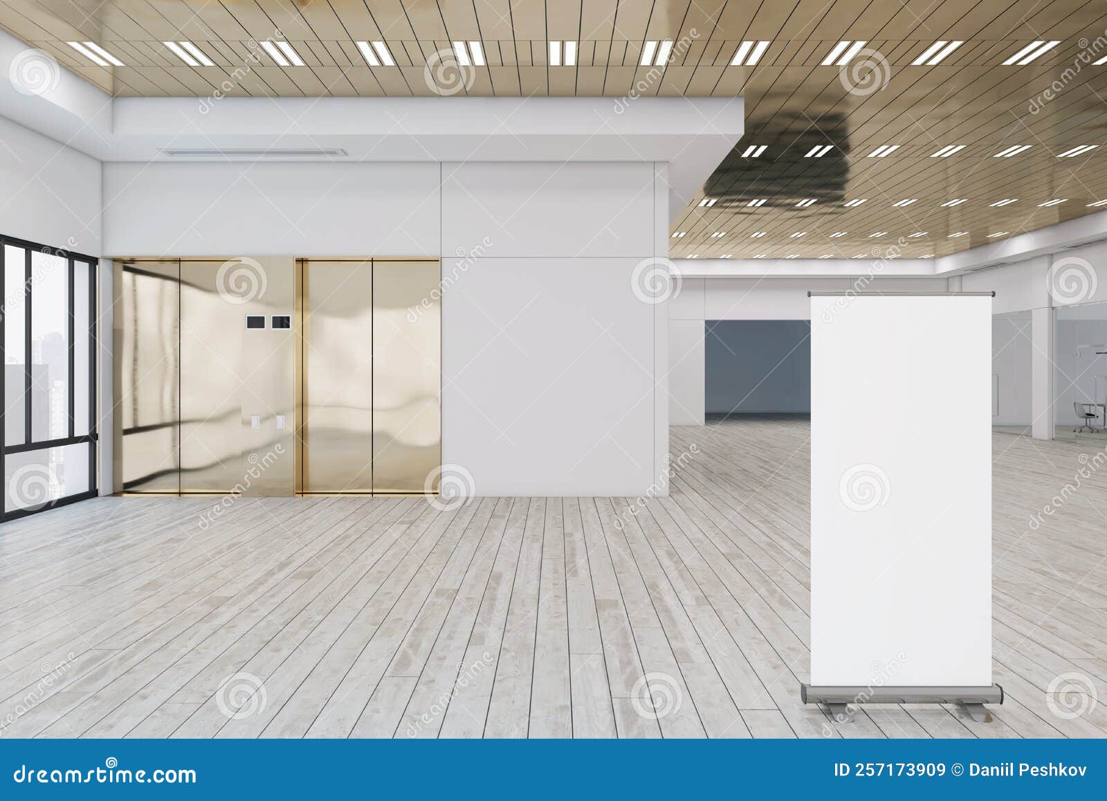 Modern Spacious Office Interior With Empty White Mock Up Frame On Floor ...