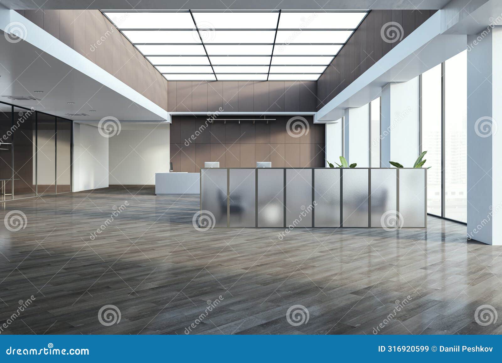 Modern Spacious Office with Reception, Window and Wooden Flooring ...