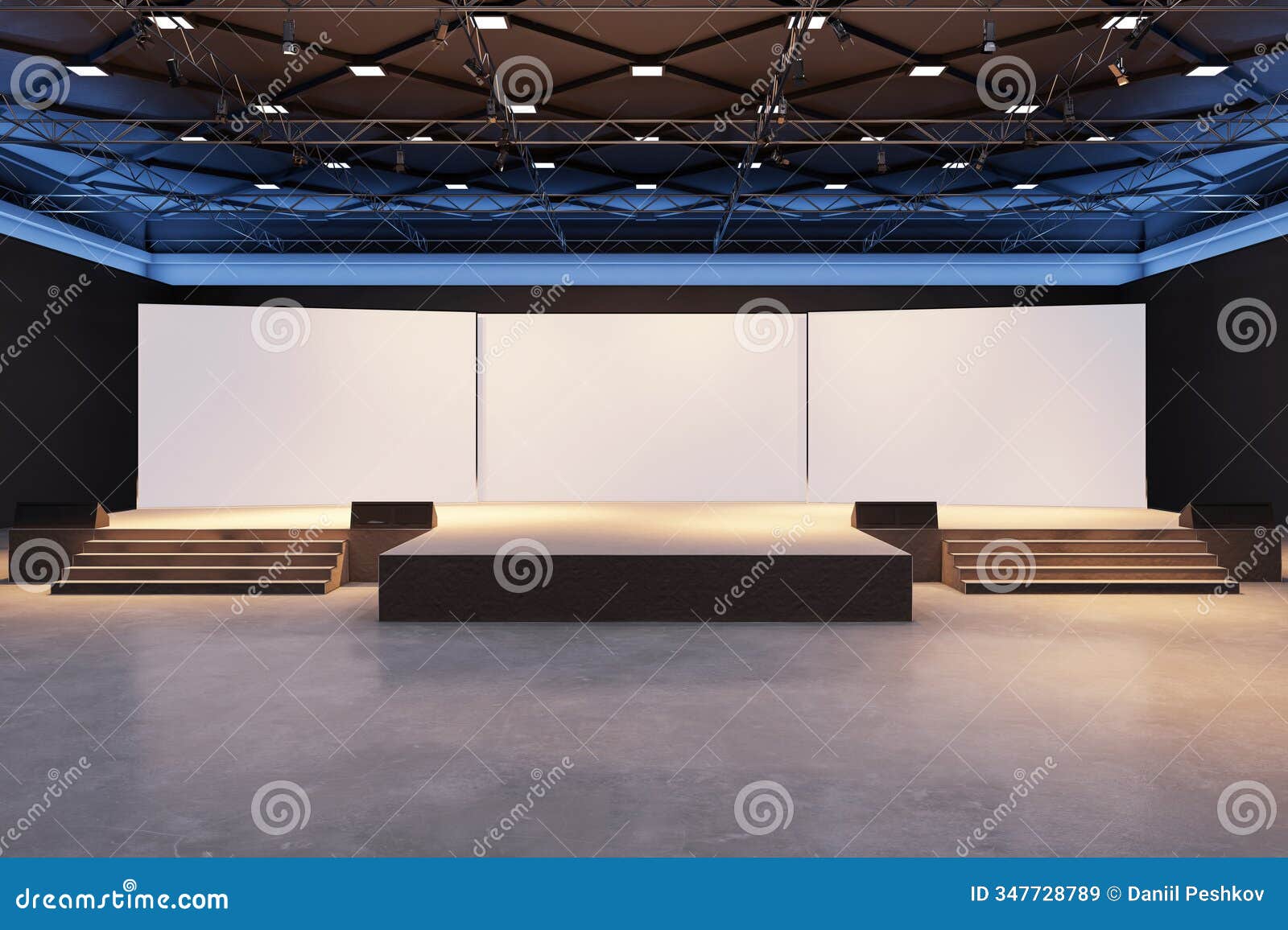 Modern Spacious Stage With Blank White Screens And Spotlight In Dark ...
