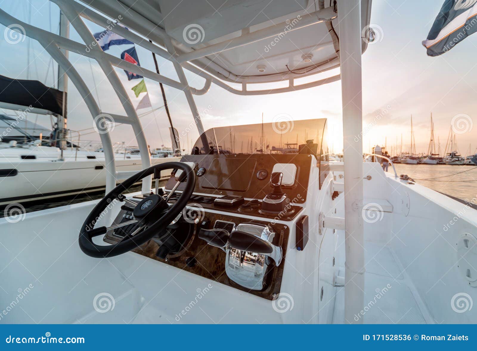 A Modern Speed Boat Yacht Steering Wheels. Stock Photo - Image of ...