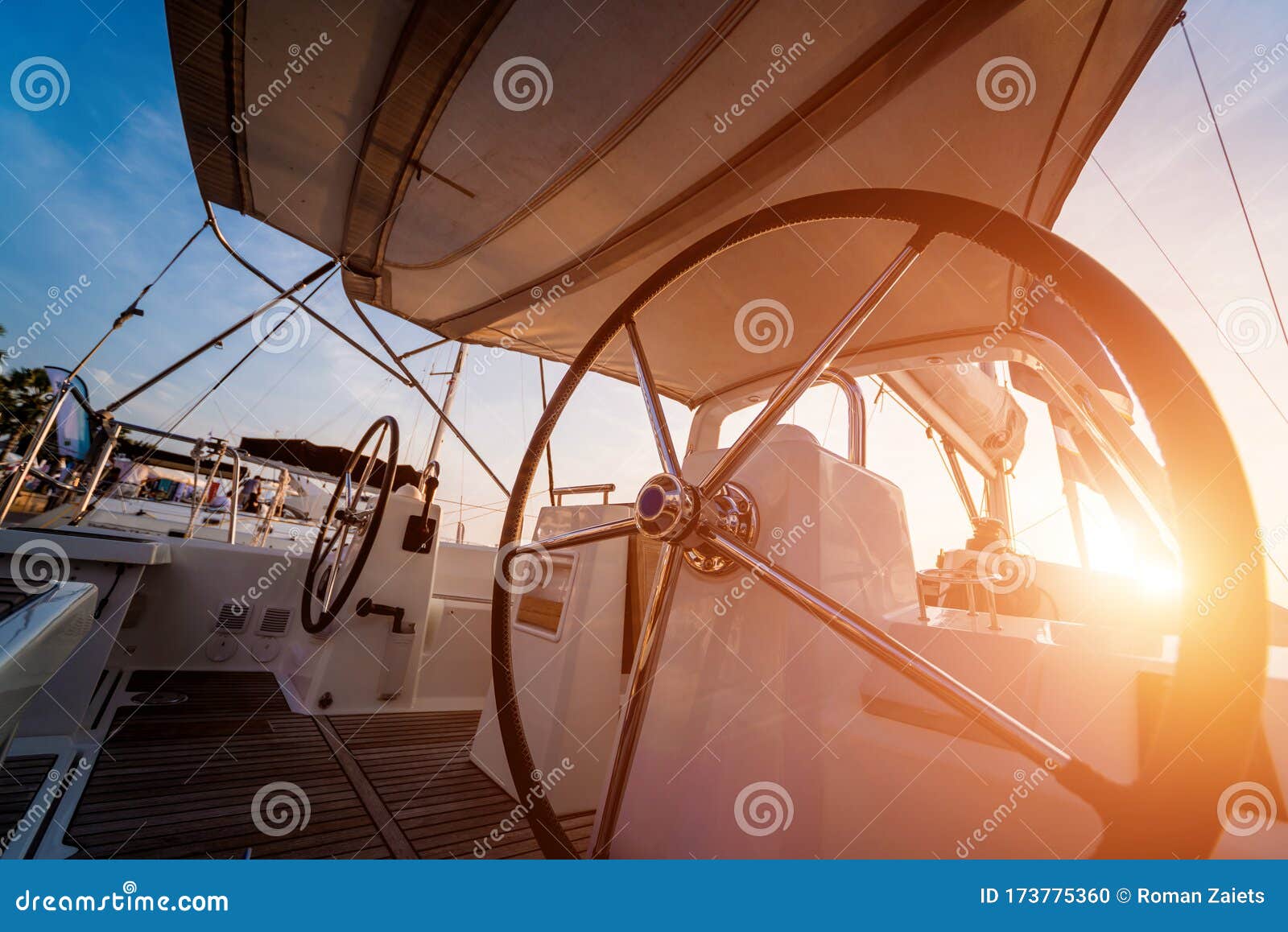 A Modern Speed Boat Yacht Steering Wheels. Stock Photo - Image of ...