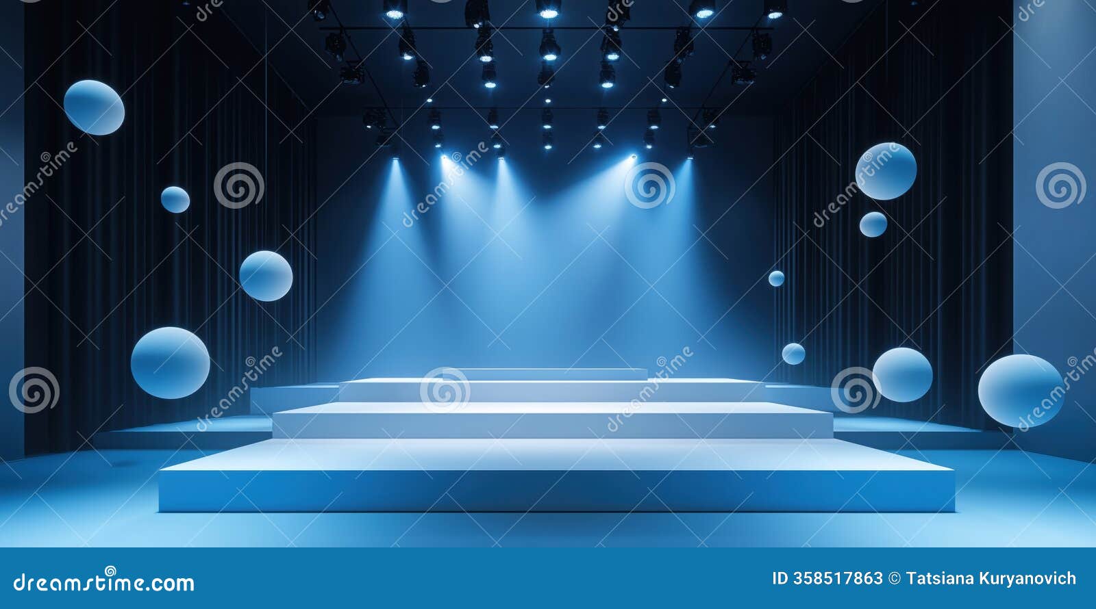 Modern Stage Design with Blue Lighting, Floating Spheres, and Tiered ...