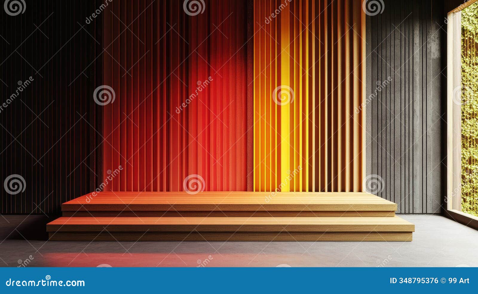 Modern Stage Design with Colorful Wood Panels and Natural Light Stock ...