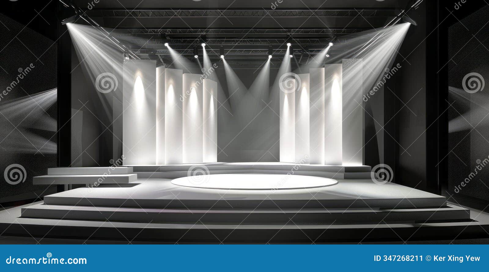 Modern Stage With Dramatic Lighting And White Columns In A Dark ...