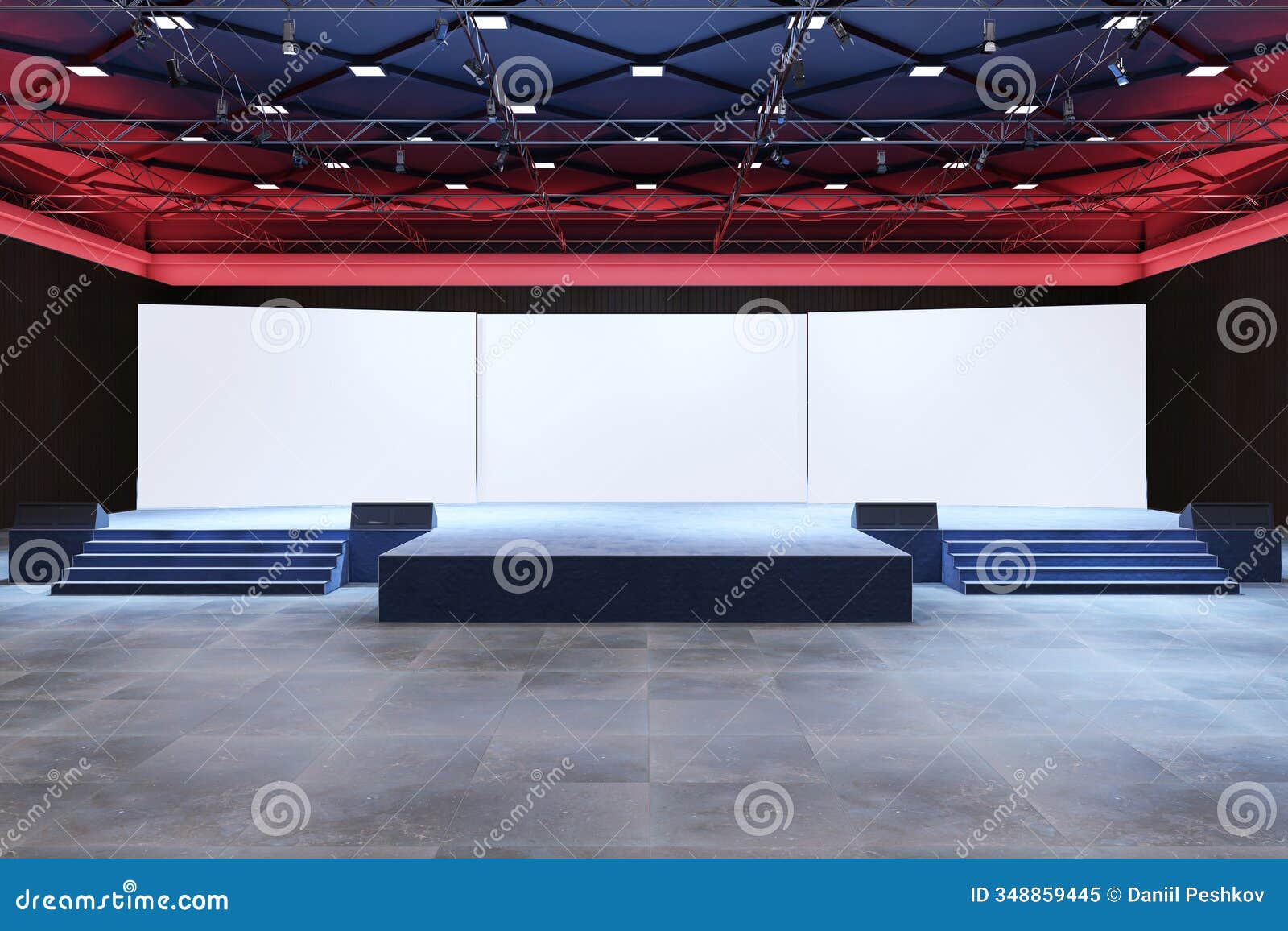 Modern Stage With Dramatic Lighting And White Columns In A Dark ...