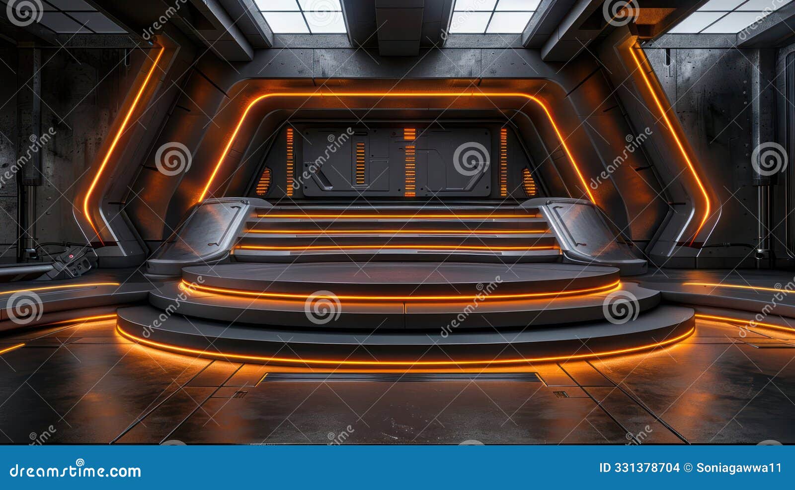 Modern Stage with Orange Neon Lighting in Futuristic Hall Stock ...
