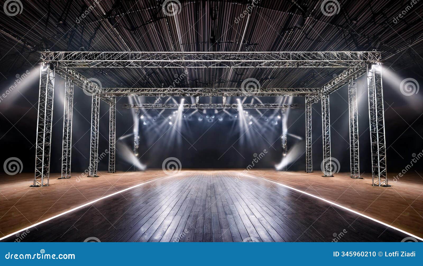 Modern Stage Setup with Truss and Lighting in Empty Hall. 3D Rendering ...