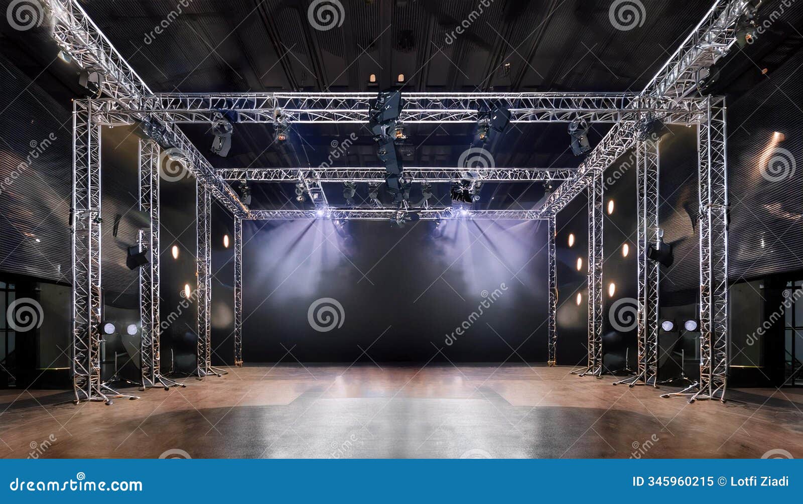 Modern Stage Setup with Truss and Lighting in Empty Hall. 3D Rendering ...
