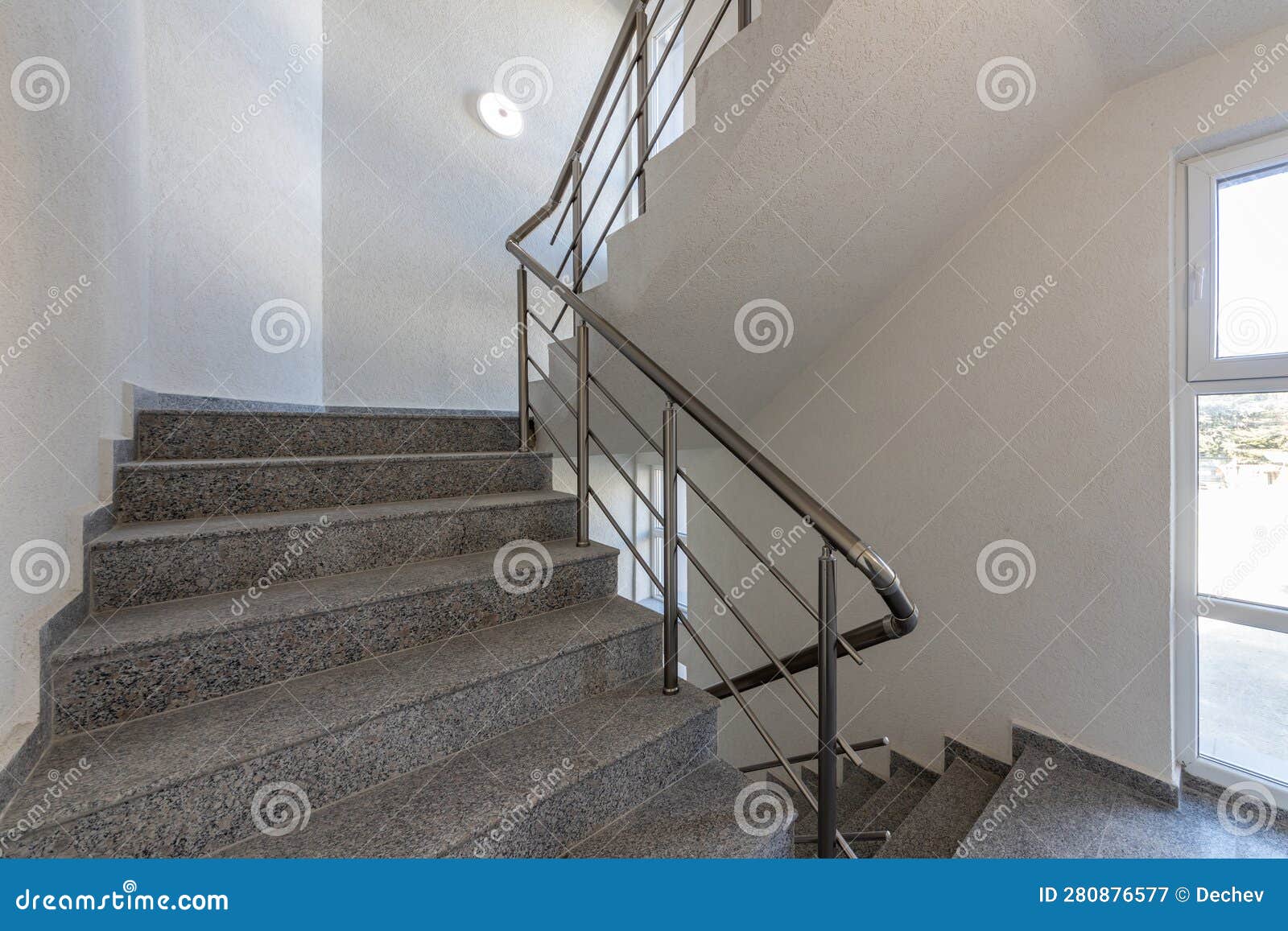 Modern Stair Case between Floors. Stairs with Metallic Rail in Modern ...