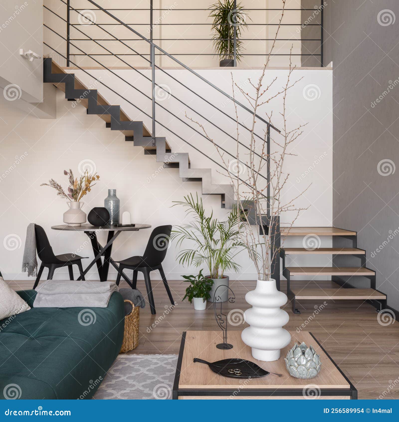 Modern Staircase in Living Room with Table Stock Photo - Image of ...