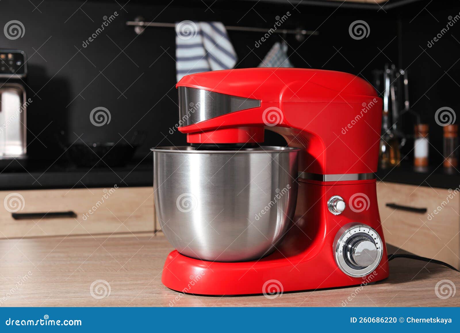 Modern Stand Mixer on Wooden Table in Kitchen Stock Photo - Image of ...