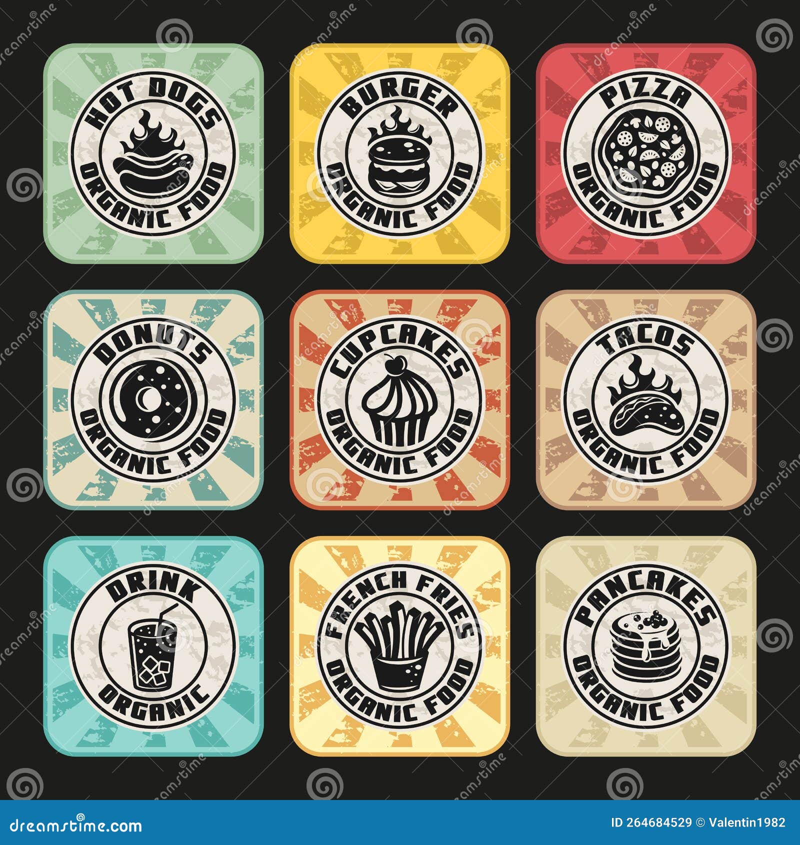 Modern Sticker Set with Snacks, Fast Food and Baked Goods. Stock Vector ...