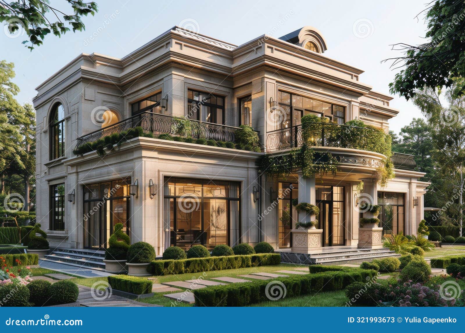 Modern Stone Mansion with Balconies and Lush Greenery Stock Image ...