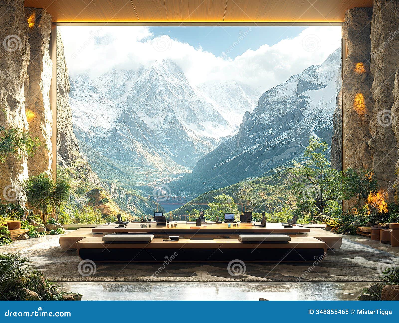 A Modern, Stone-walled Restaurant or Lounge with a Panoramic View of an ...