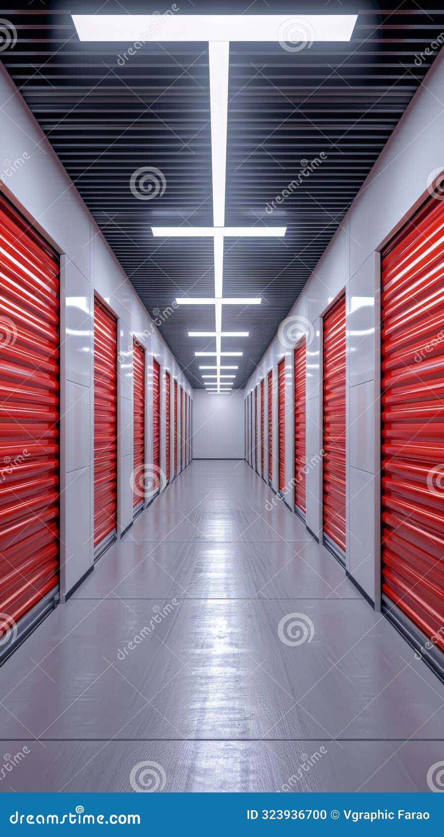 Modern Storage Facility Hallway with Red Doors, Symmetry and ...