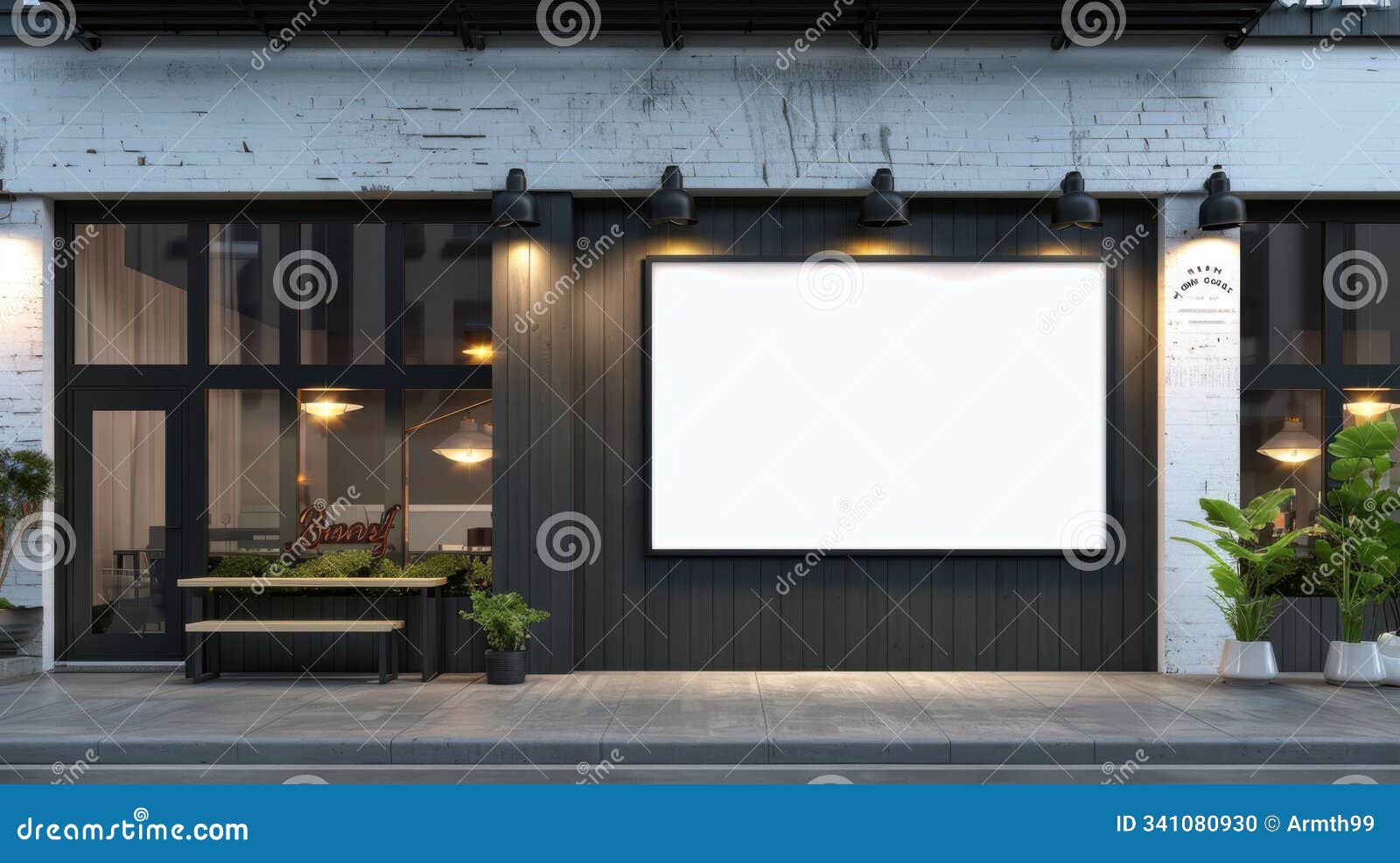 Modern Storefront with Blank Advertising Space and Outdoor Seating Area ...