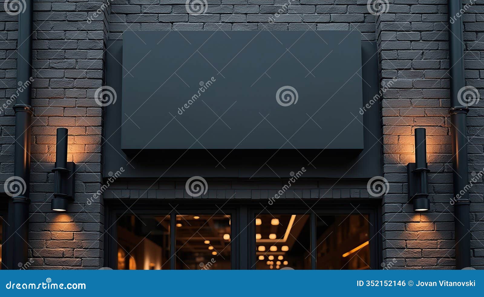 Modern Storefront with Blank Sign on Stylish Black Brick Exterior Stock ...