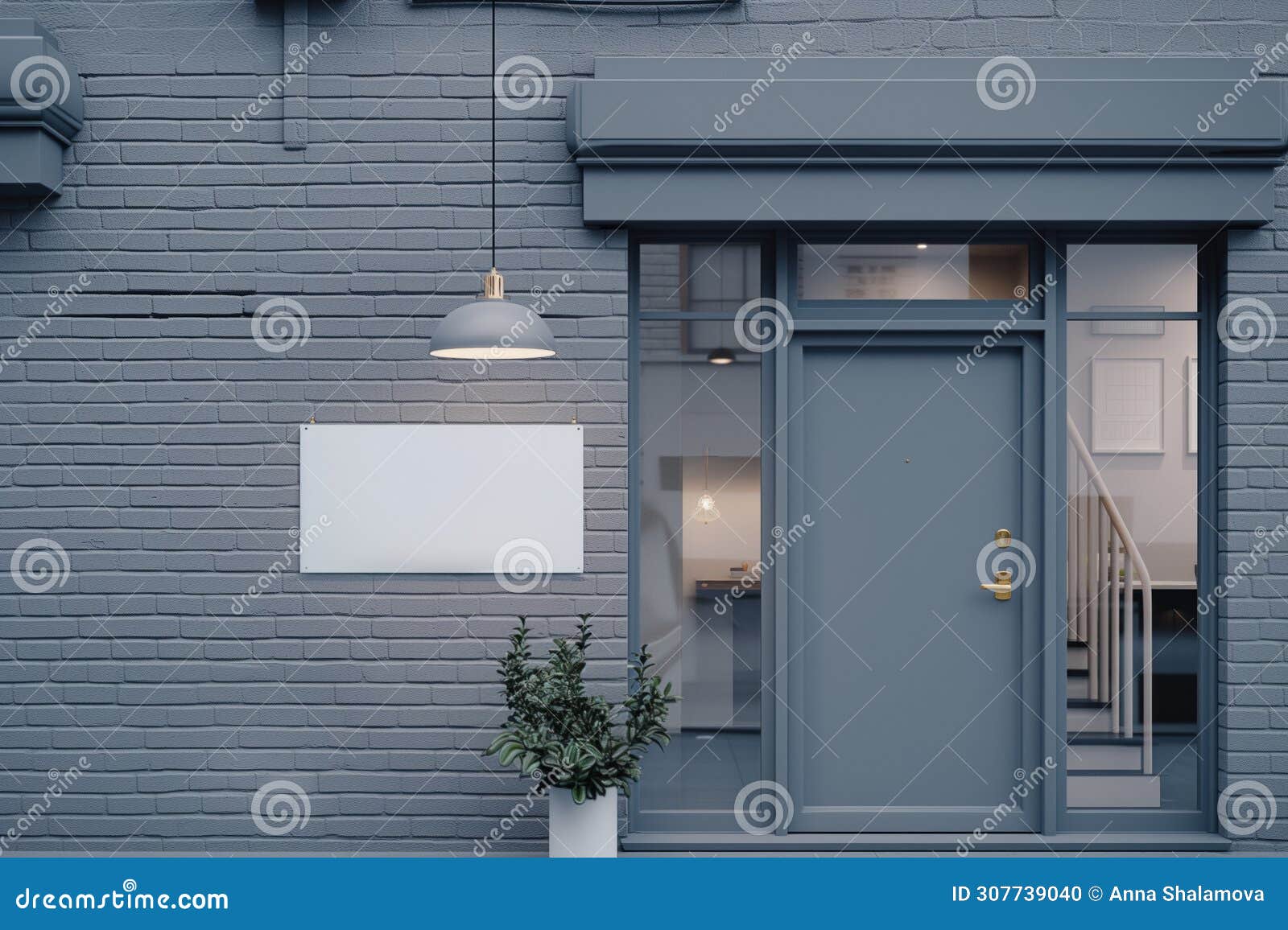 Modern Storefront With Blank Signboard And Chic Blue Door At Dusk ...