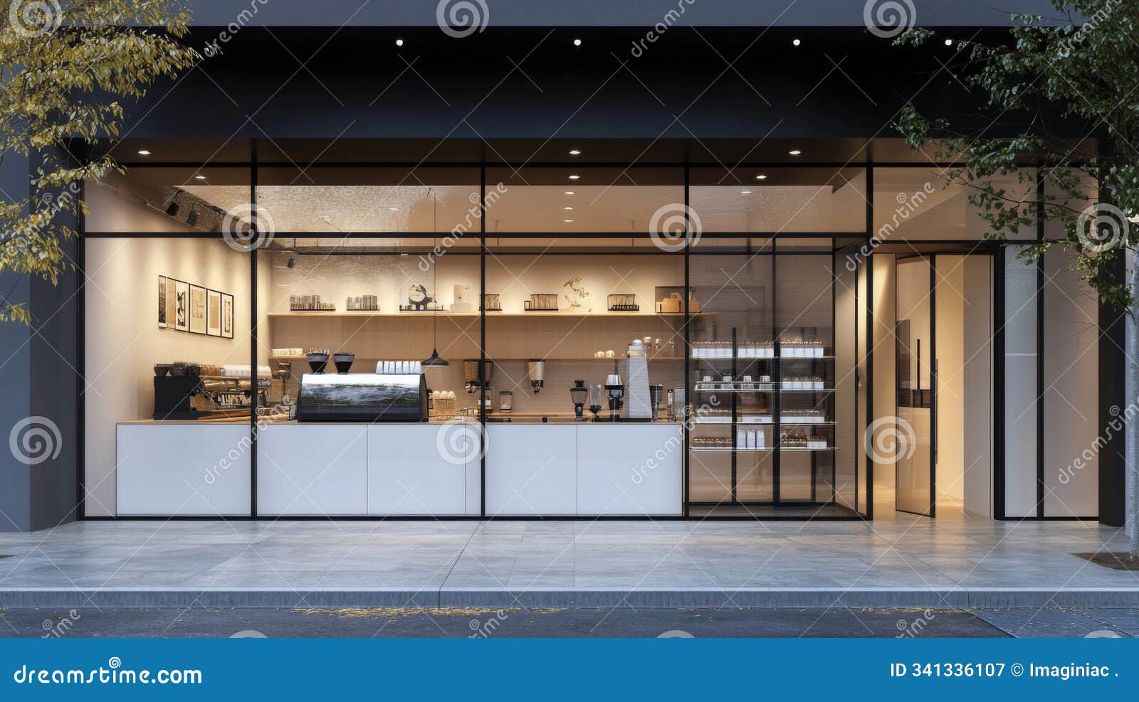 Modern Storefront of a Coffee Shop with Black Frames and White Interior ...