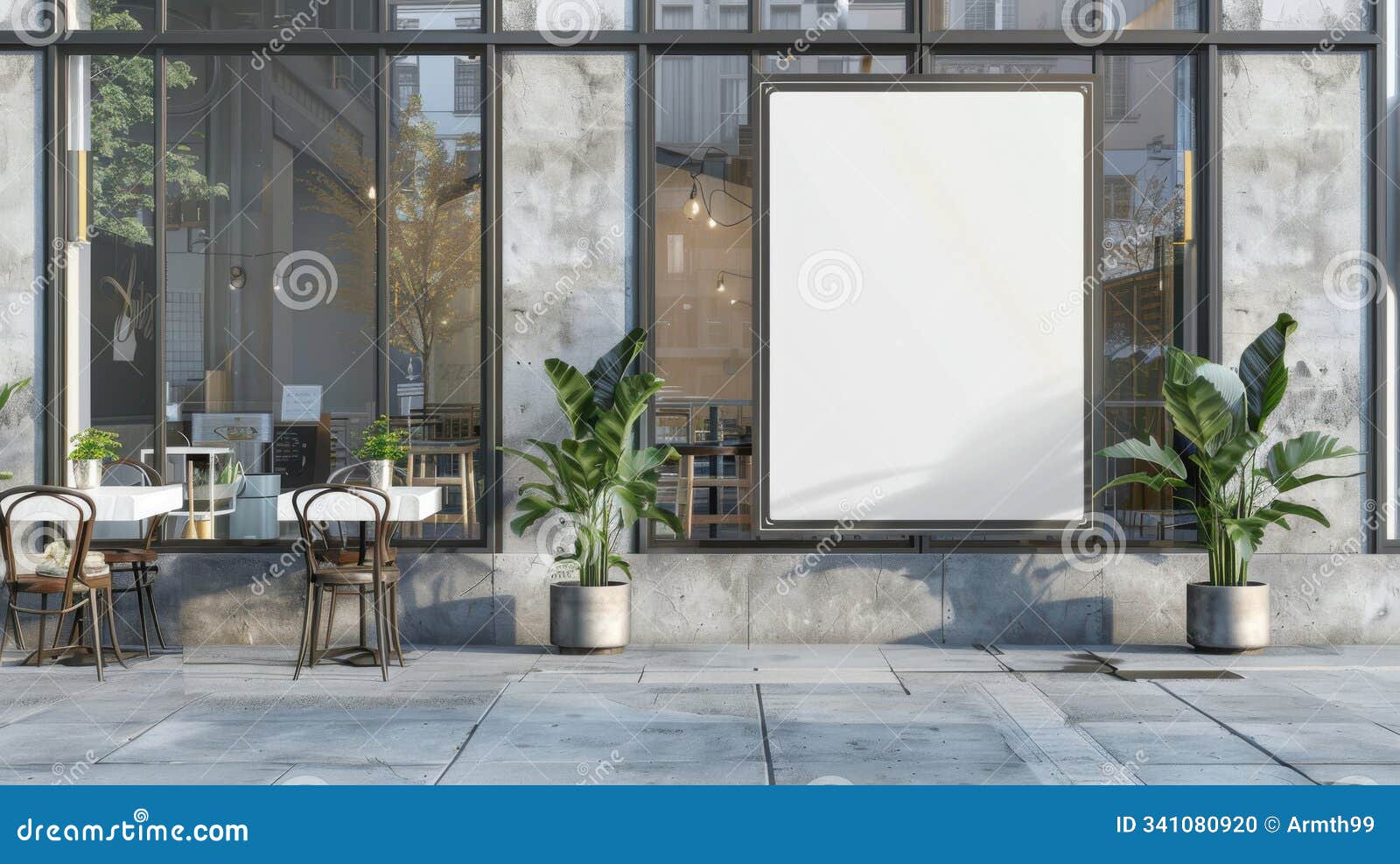 Modern Storefront with Empty Signage, Outdoor Seating, and Greenery ...