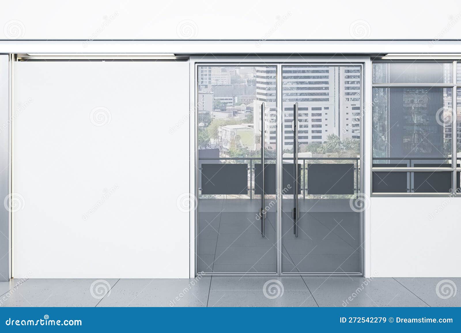 Modern Storefront with Empty Wide Mock Up Banner and City Window ...