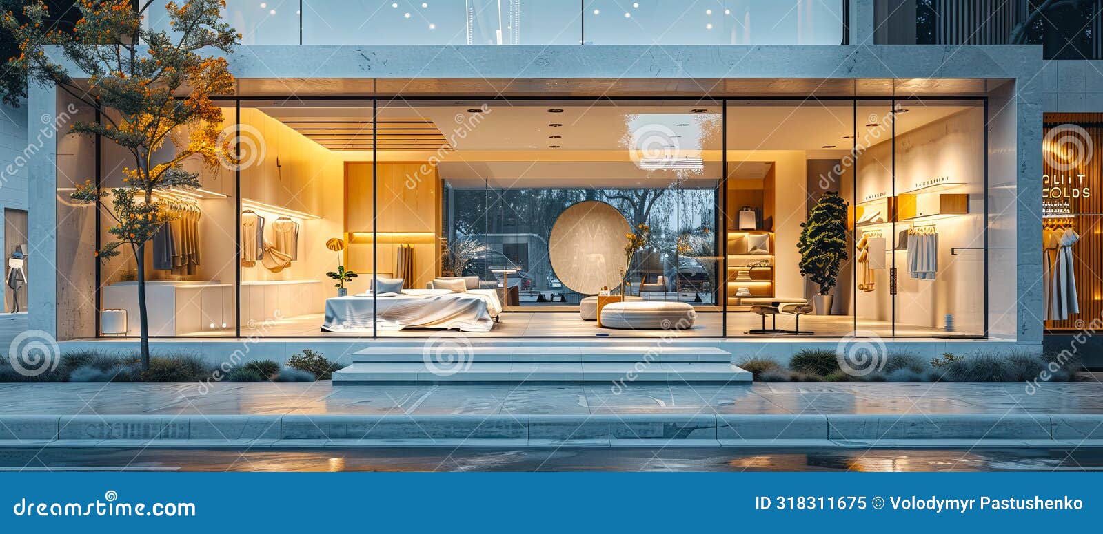 A Modern Storefront with Glass Windows and a White Sofa Stock Image - Image of windows ...