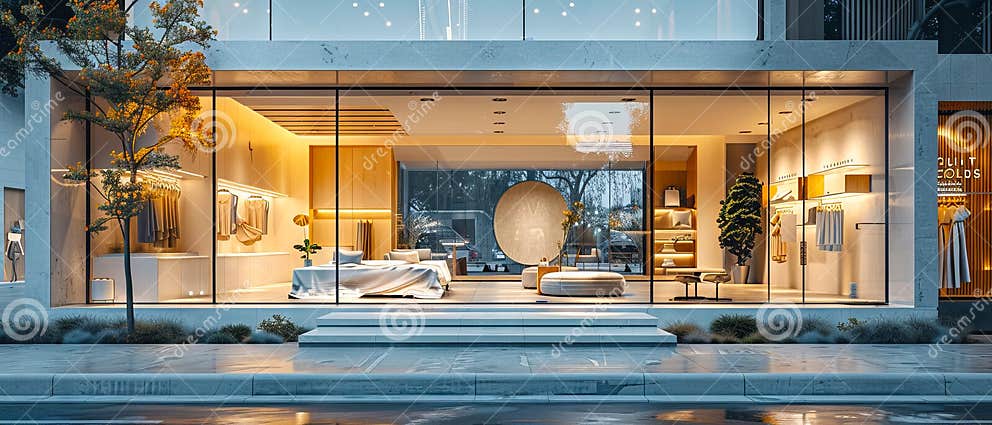 A Modern Storefront with Glass Windows and a White Sofa Stock Image ...