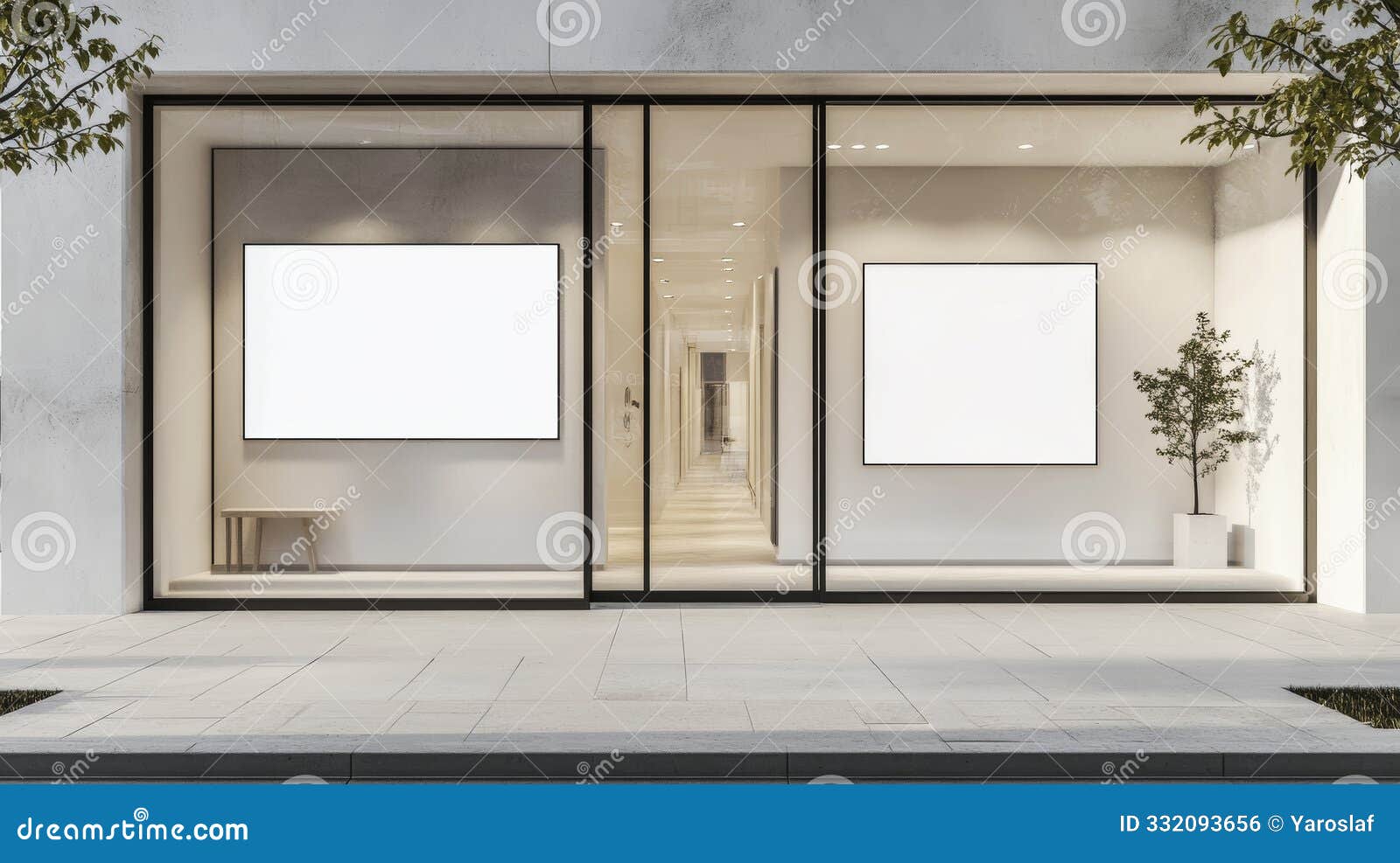 Modern Storefront with Large Glass Windows Displaying Blank White ...