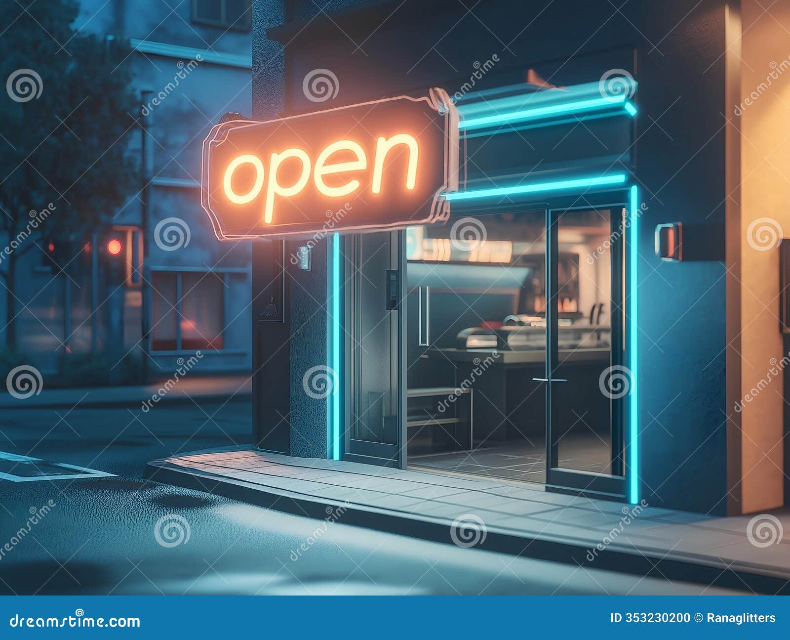 Modern Storefront at Night, Neon "open" Sign Stock Illustration ...