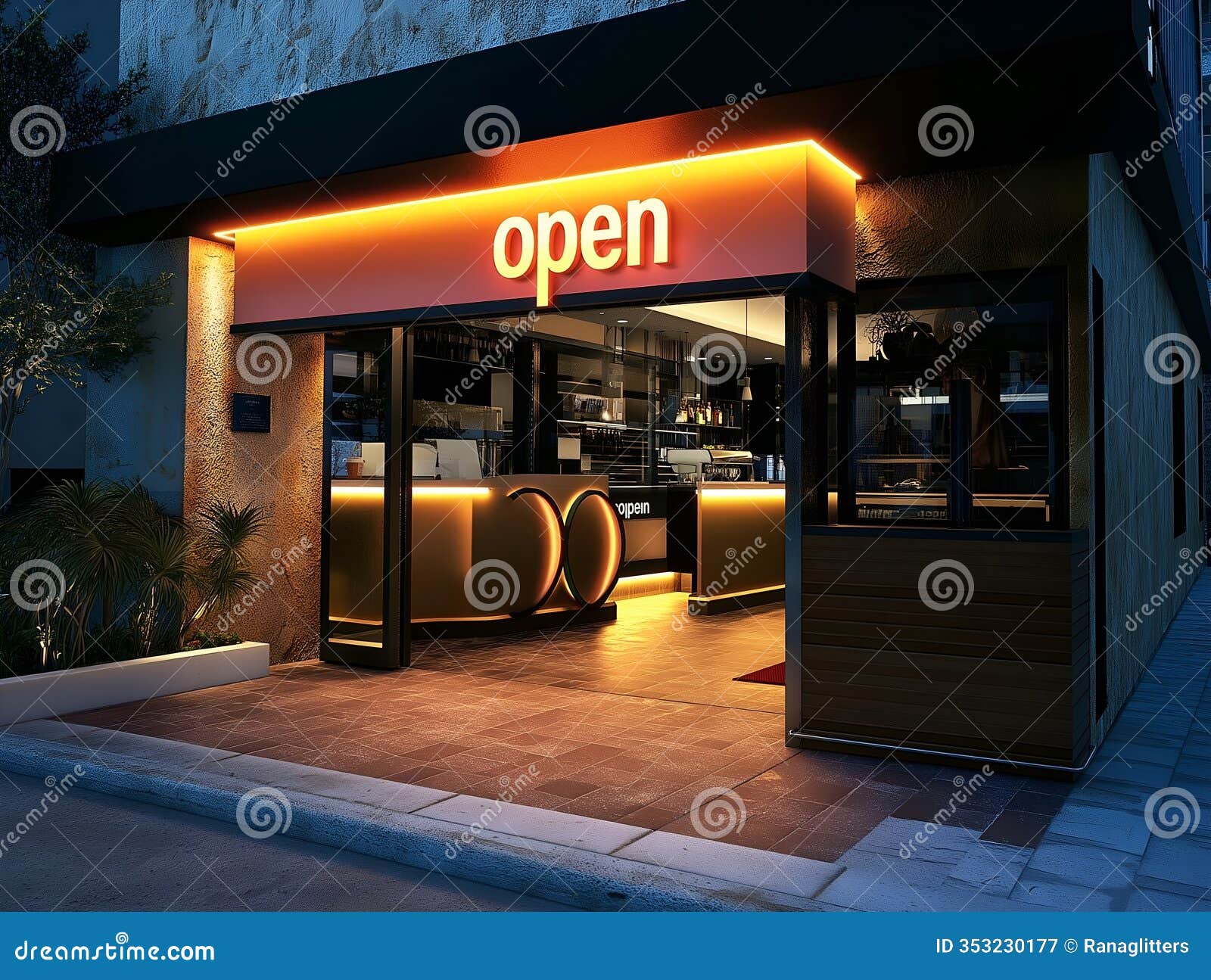 Modern Storefront at Night, Open Sign Illuminated Stock Illustration ...