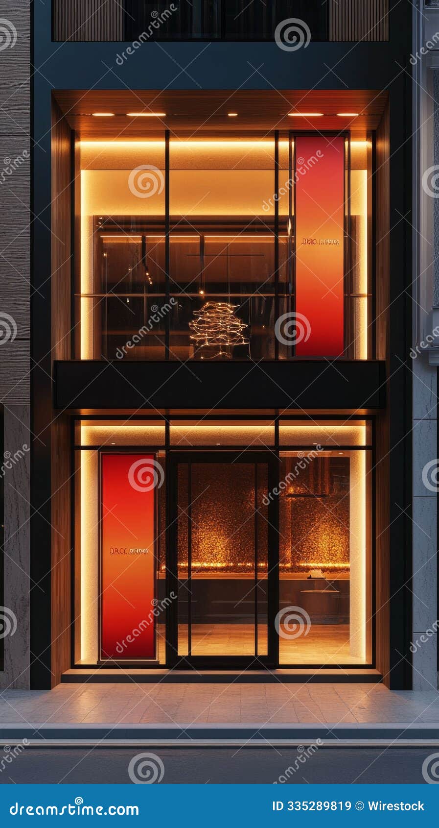 Modern Storefront with Warm Lighting and Red Panels. Stock Illustration ...