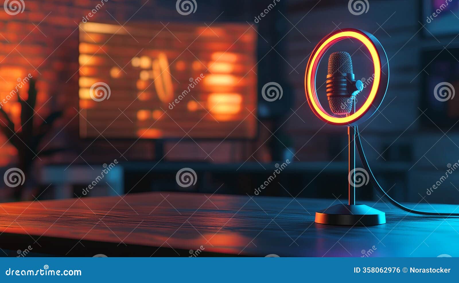 A Modern Streaming Setup with a Clean Microphone and a Glowing Ring ...