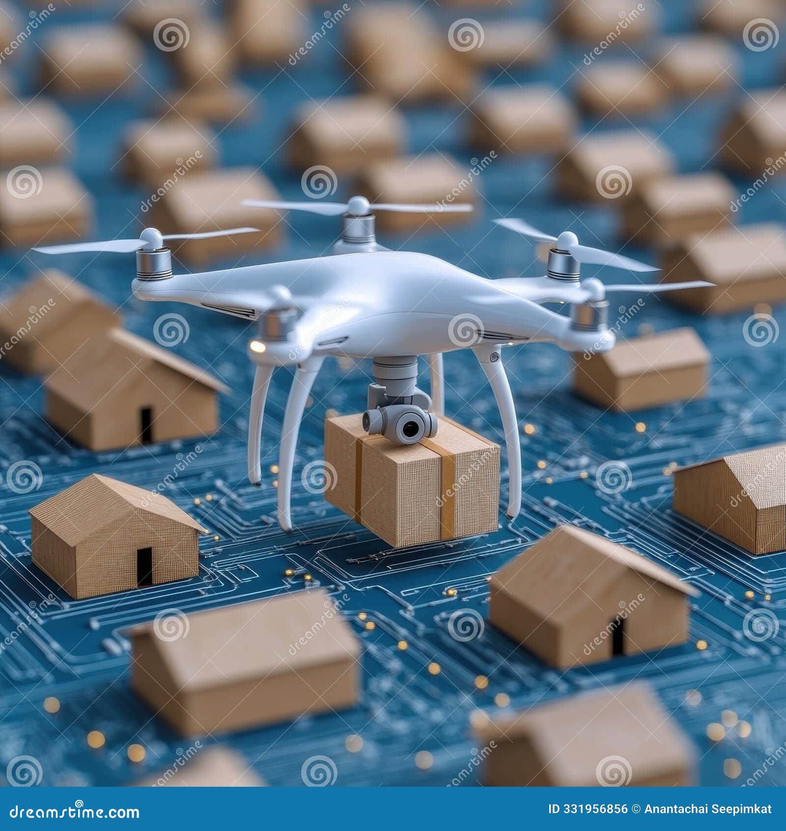 A Modern, Streamlined Drone with a Camera Hovers Above a Package ...