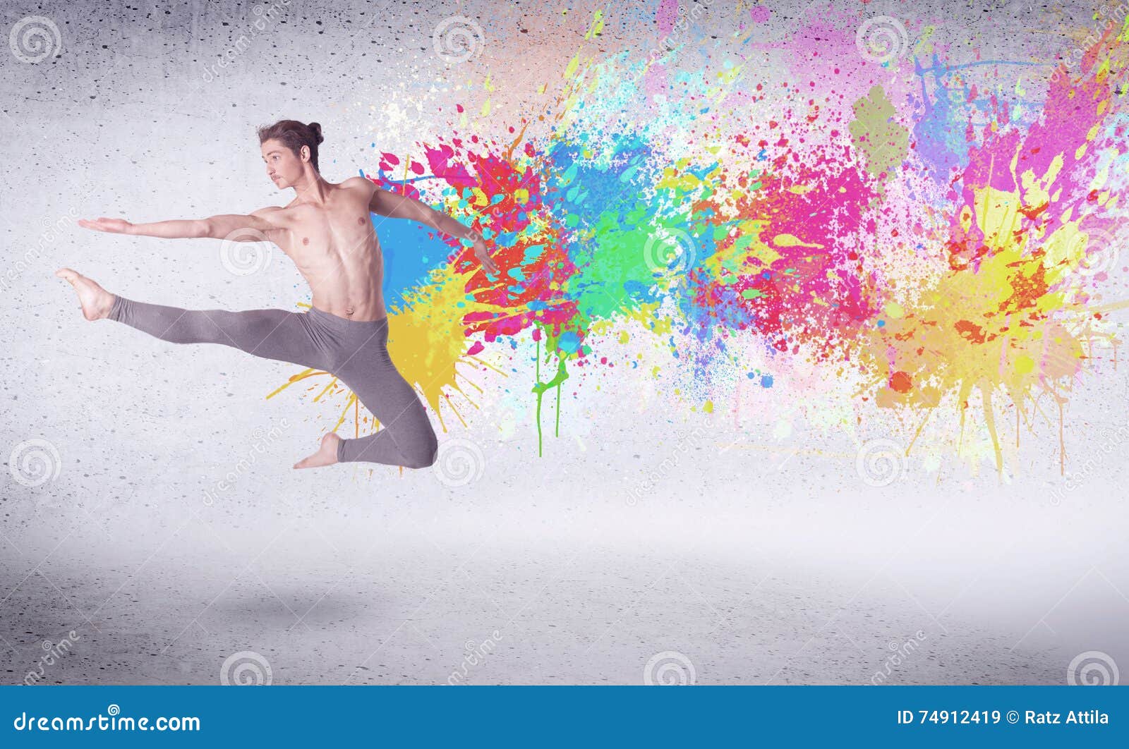 Modern Street Dancer Jumping with Colorful Paint Splashes Stock Image ...
