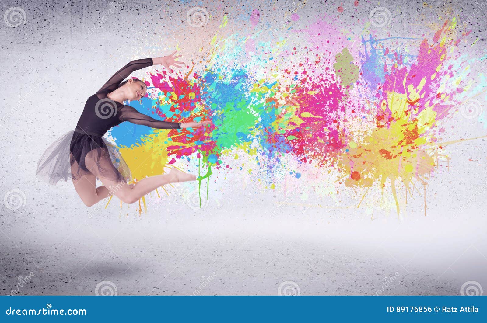 Modern Street Dancer Jumping with Colorful Paint Splashes Stock Photo ...