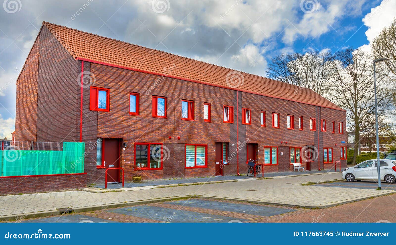 Modern Street Red Brick Row Houses Stock Image - Image of green ...