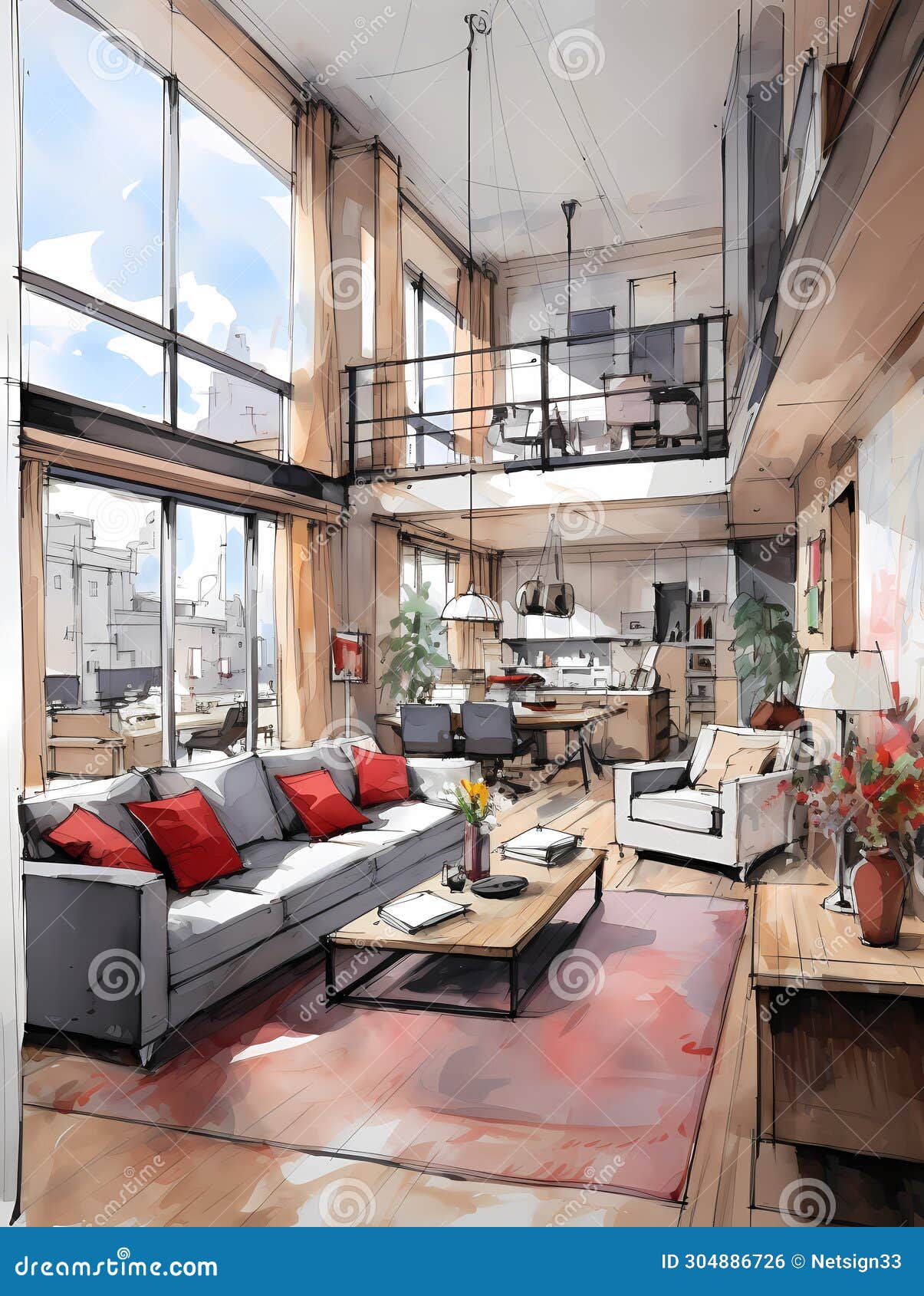 Modern Studio Apartment, a Drawing of a Living Room Stock Illustration ...