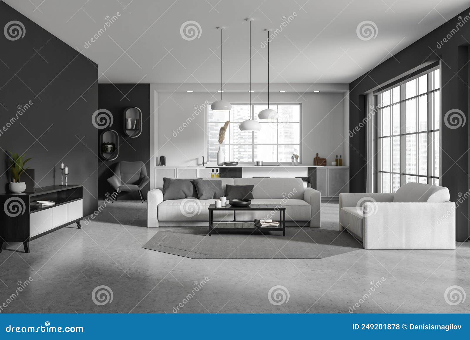 Modern Studio Interior with Couch and Kitchen Appliances, Panoramic ...