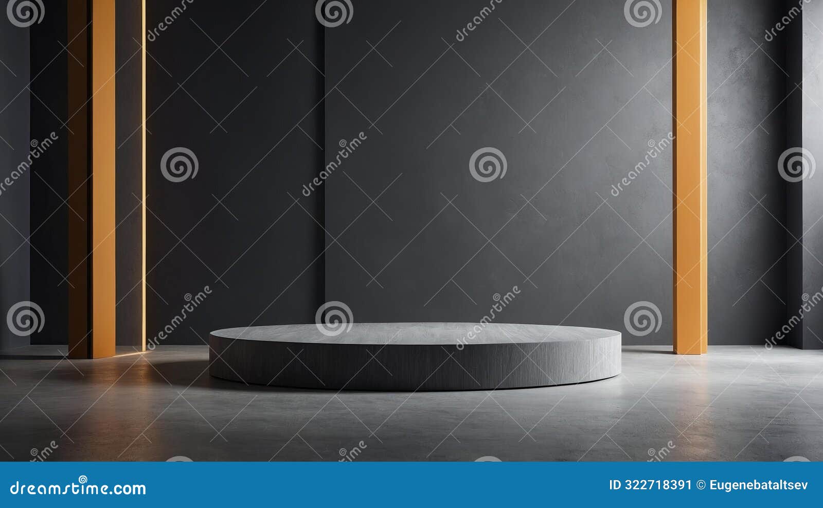 Modern Studio Space with Grey Background, Two Orange Columns, Circular ...