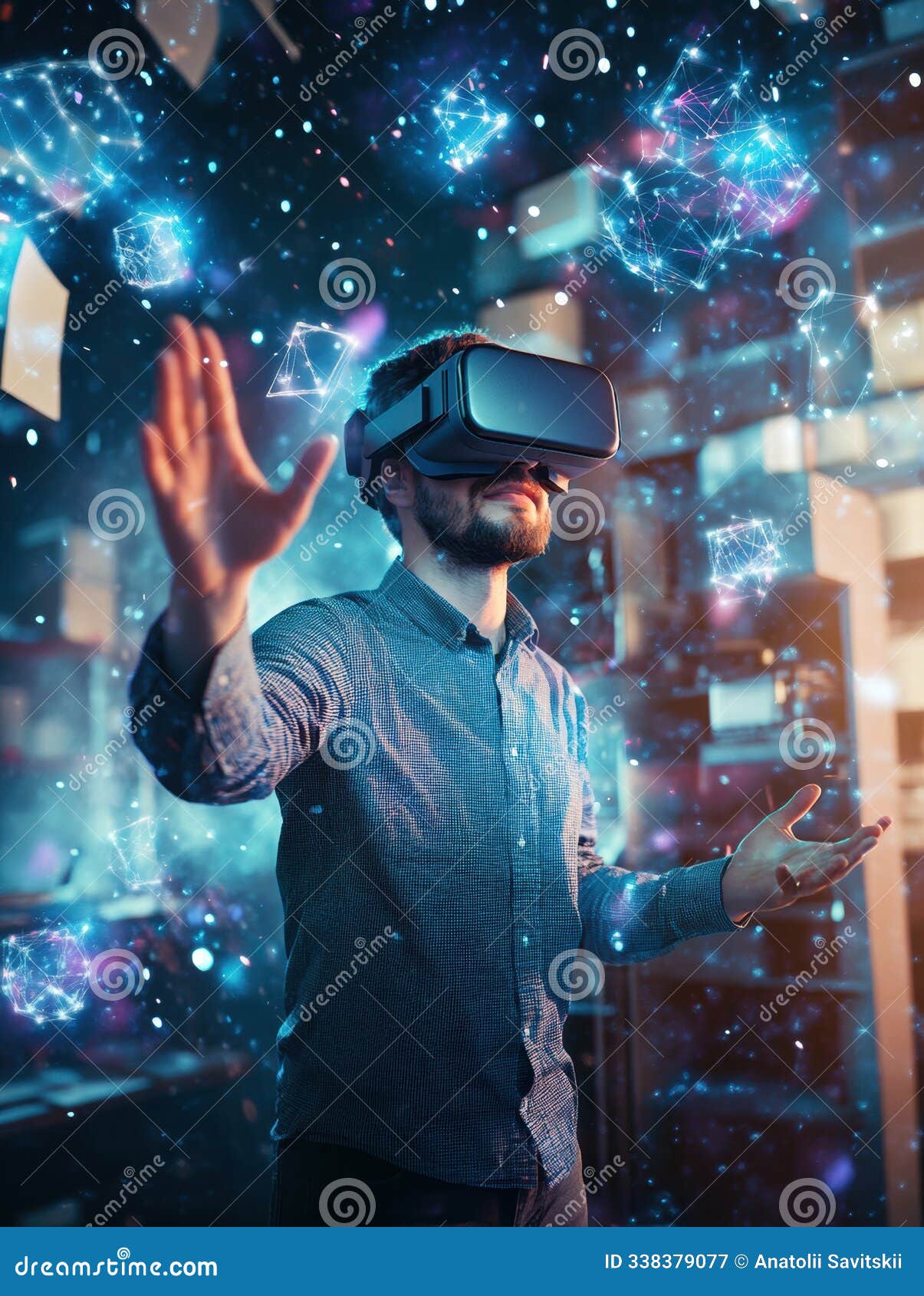 A Virtual Reality Designer in a Modern Studio Engages with Floating 3D ...