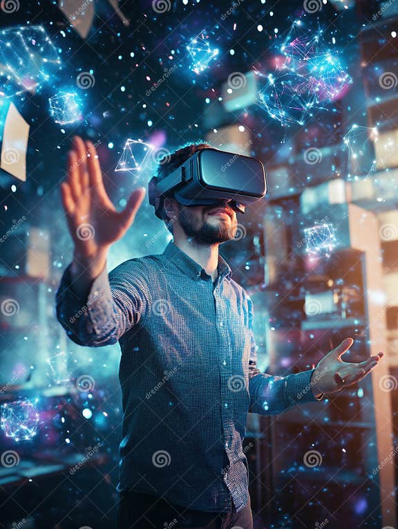 A Virtual Reality Designer in a Modern Studio Engages with Floating 3D ...