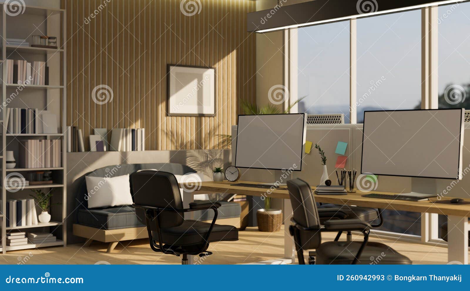 Modern Study Room with Blank Screen PC Desktop Computers on Wooden ...