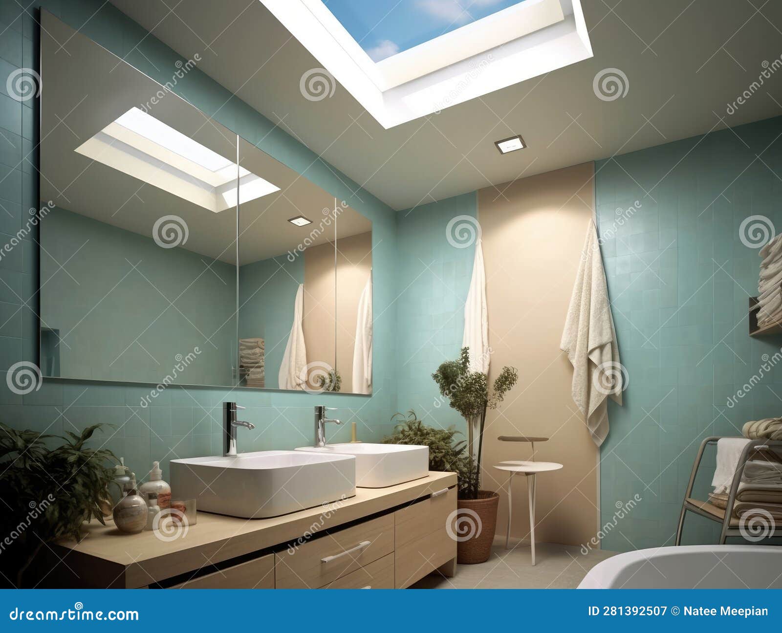 Modern Style Bathroom with Open Ceiling, Bath Tub, Natural Light ...