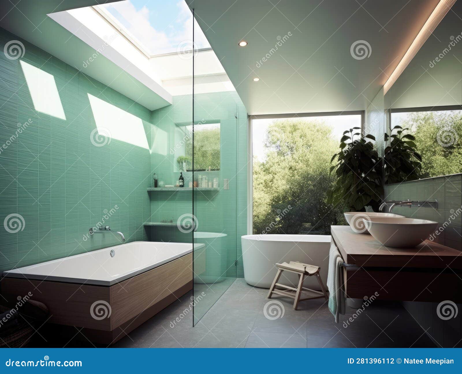 Modern Style Bathroom with Open Ceiling, Bath Tub, Natural Light ...