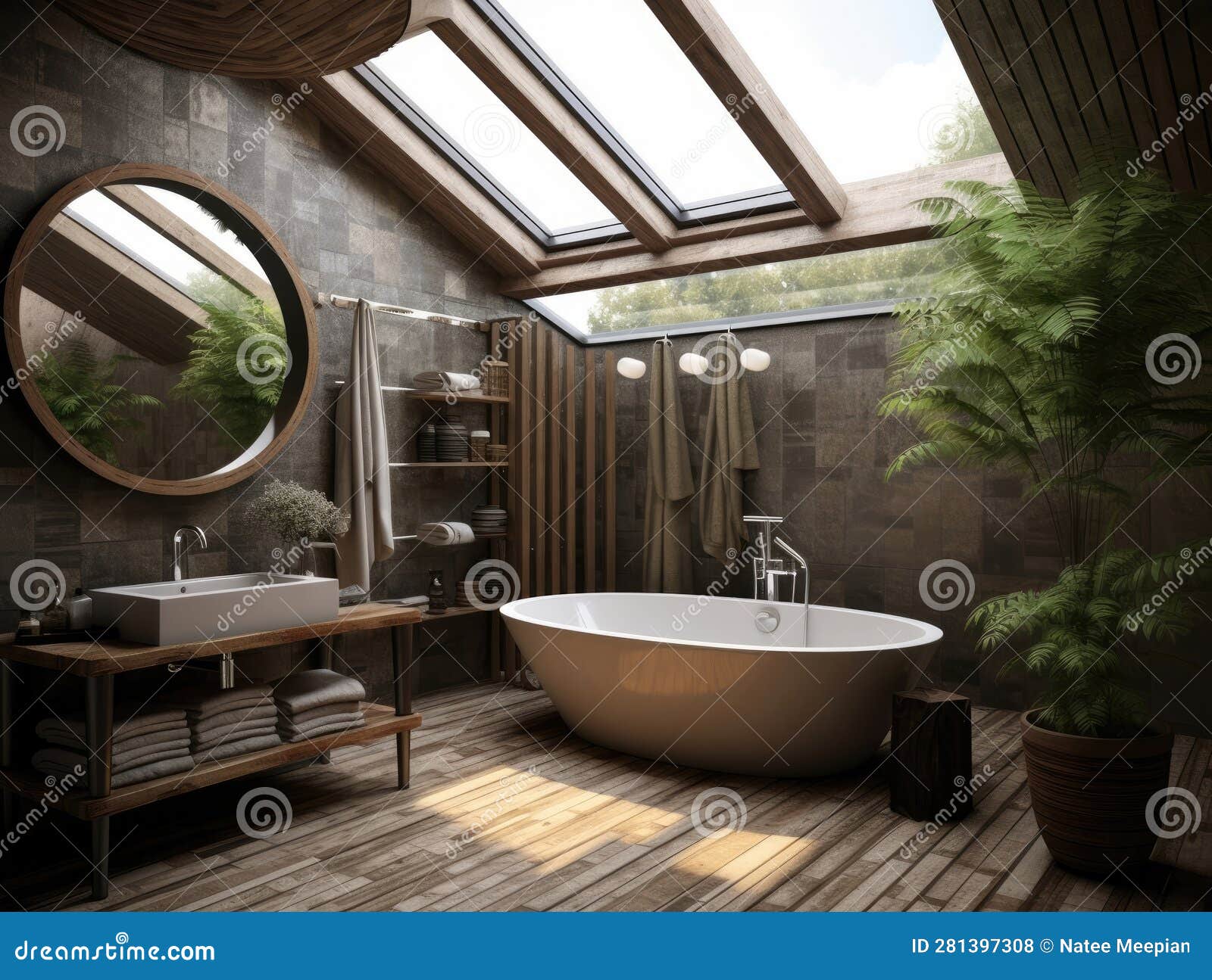 Modern Style Bathroom with Open Ceiling, Bath Tub, Natural Light ...