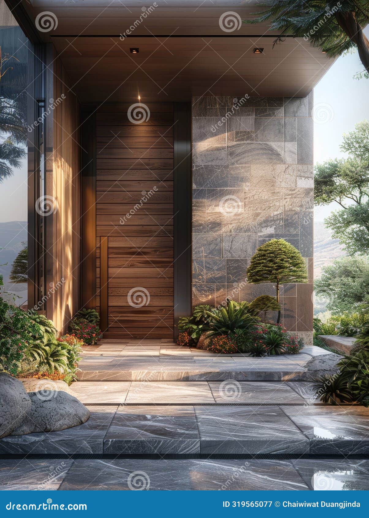Modern-style House Featuring a Wooden Door and Stone Pathways. AI ...