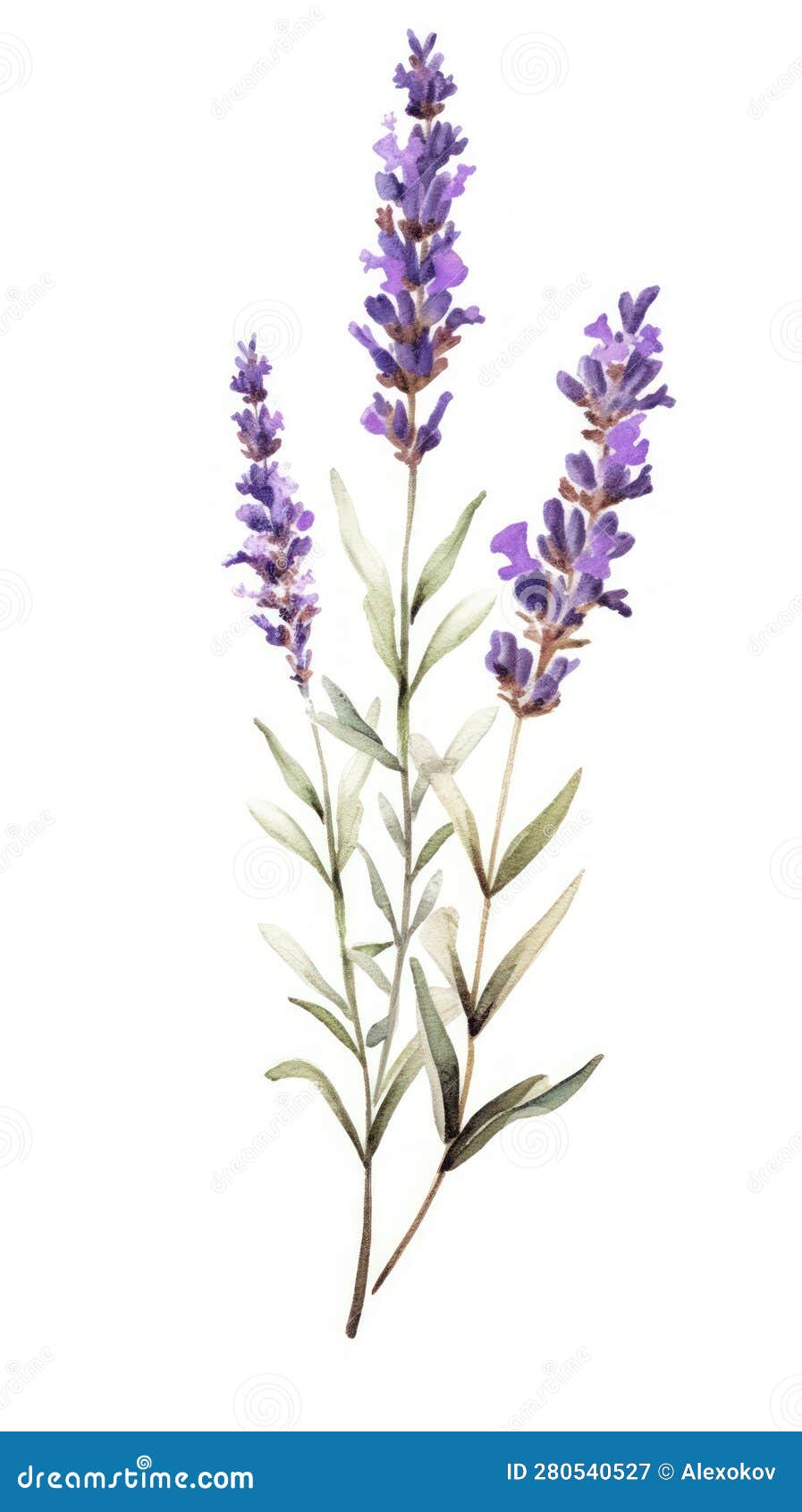 Modern Style Lavender Sprig on White Background in Watercolor . Stock ...